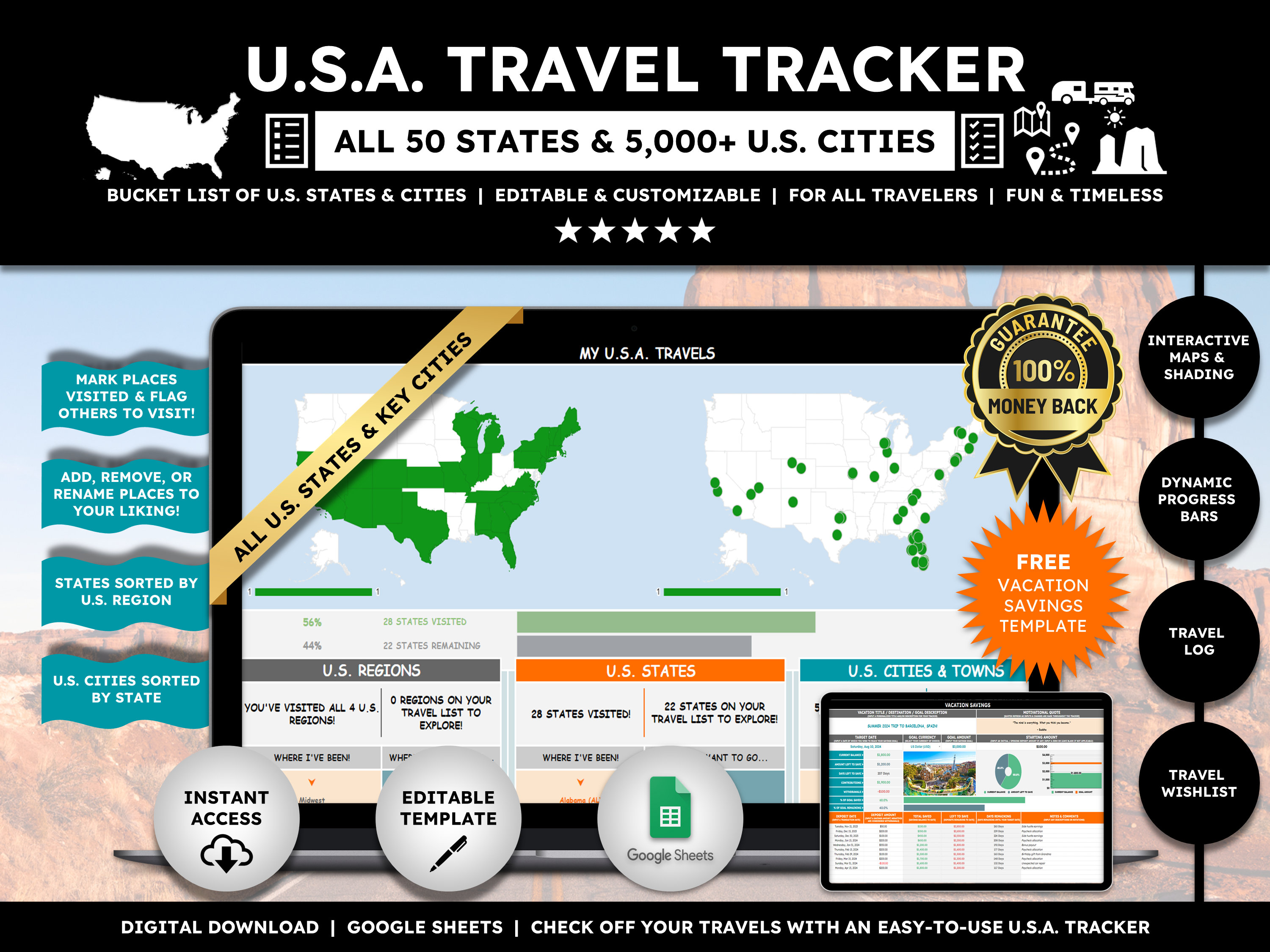 States Visited Google Sheets, USA Map, 50 States, Travel Bucket List ...