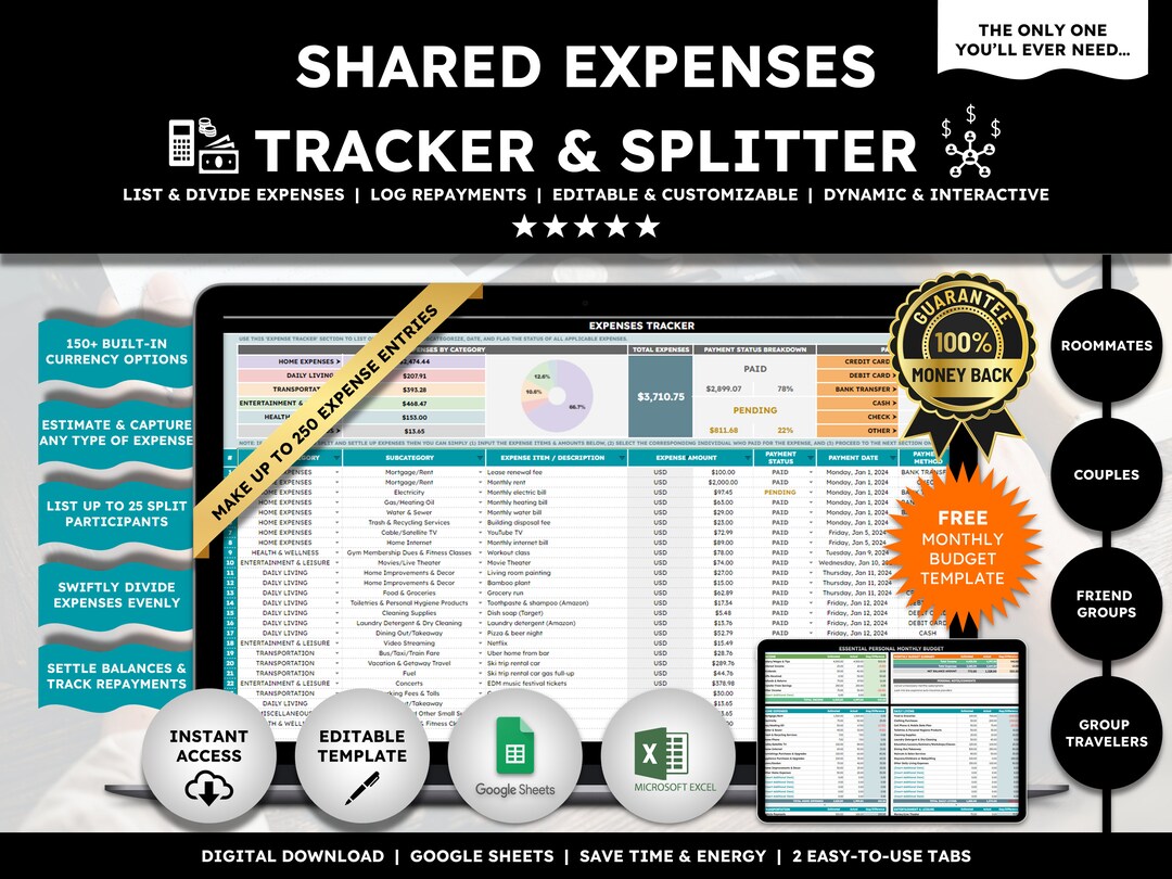 Shared Expenses Tracker Group Expenses Splitter Roommate Couple Friends Trip Expenses Split Cost ...