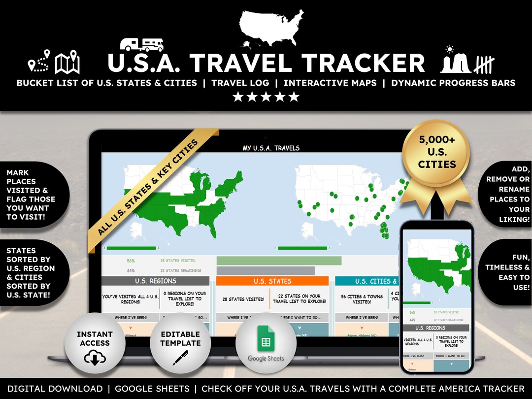 States Visited Google Sheets, USA Map, 50 States, Travel Bucket List ...