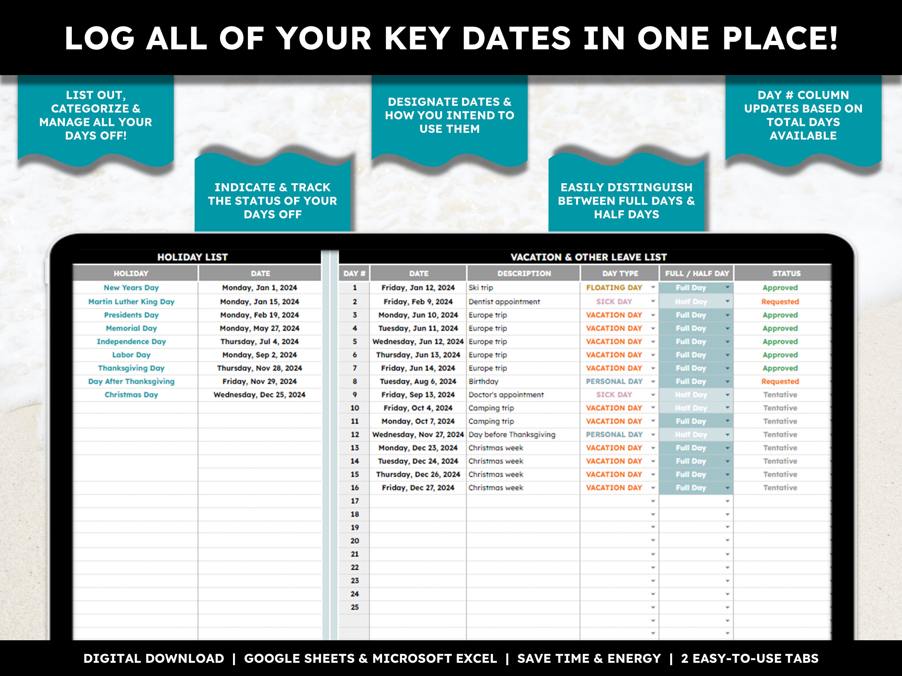 2025 Vacation Days Tracker Spreadsheet PTO Days Tracker Leave Planner ...