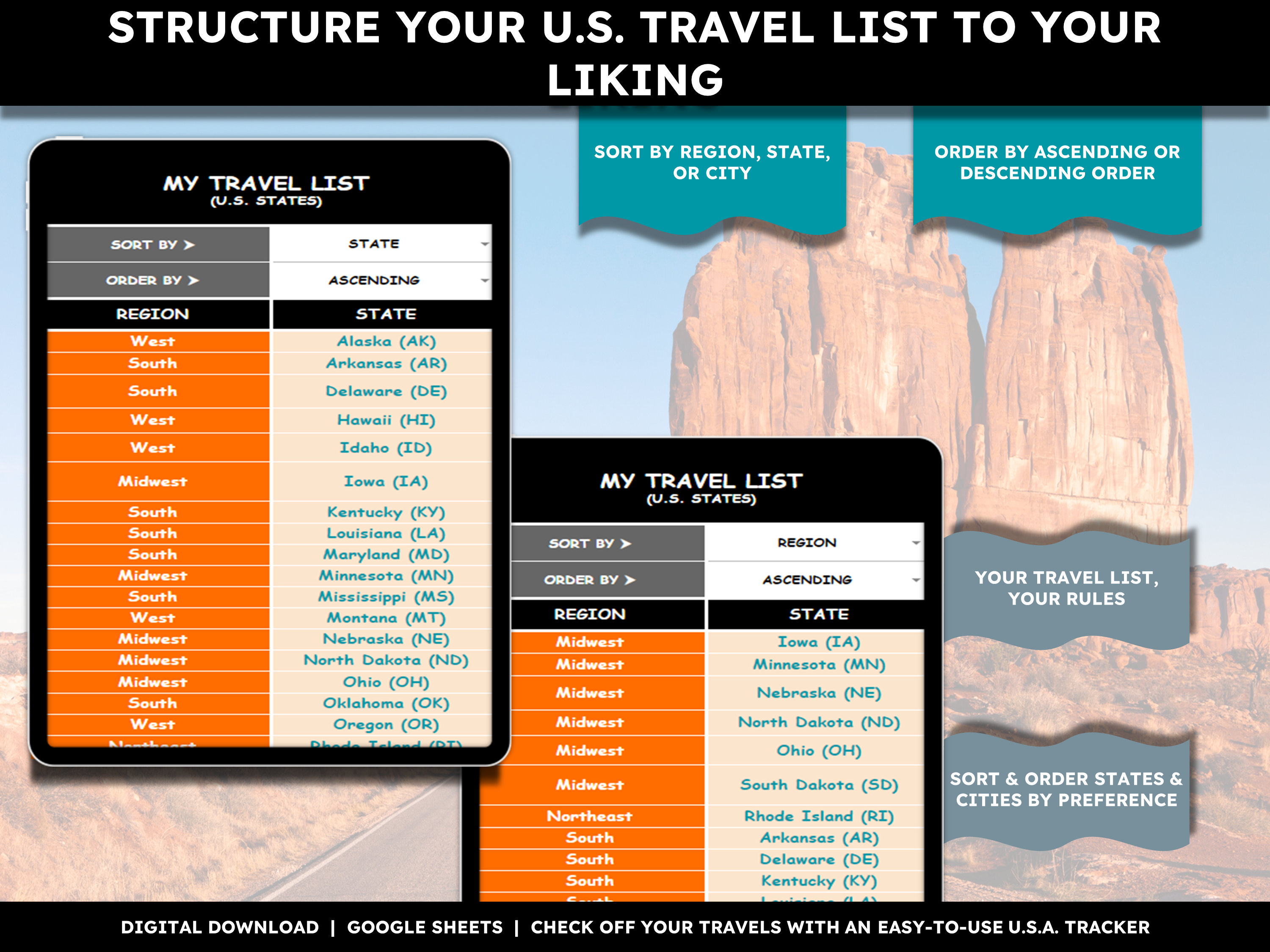 States Visited Google Sheets, USA Map, 50 States, Travel Bucket List ...