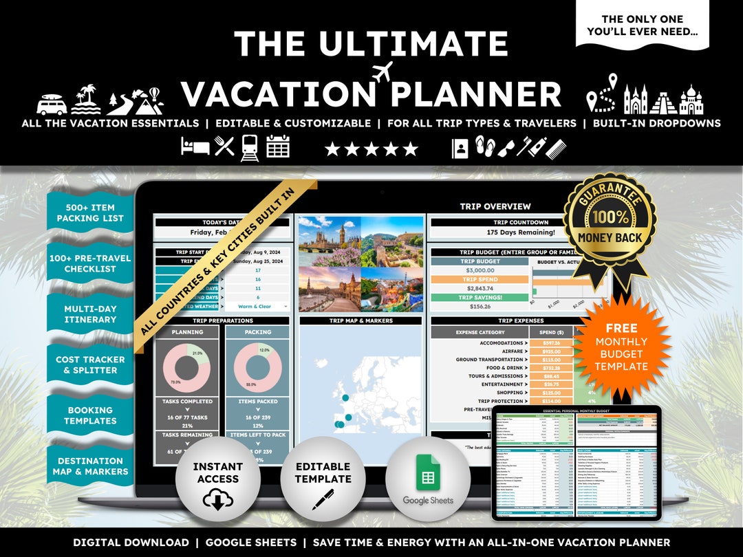 Vacation Planner Google Sheet Simple Vacation Planner Editable Vacation ...