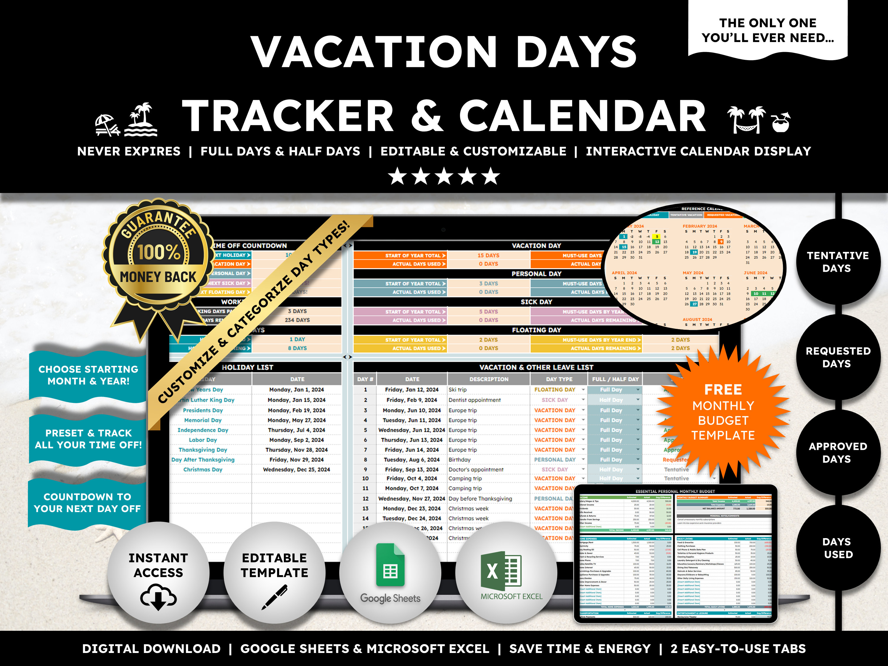 2025 Vacation Days Tracker Spreadsheet PTO Days Tracker Leave Planner ...