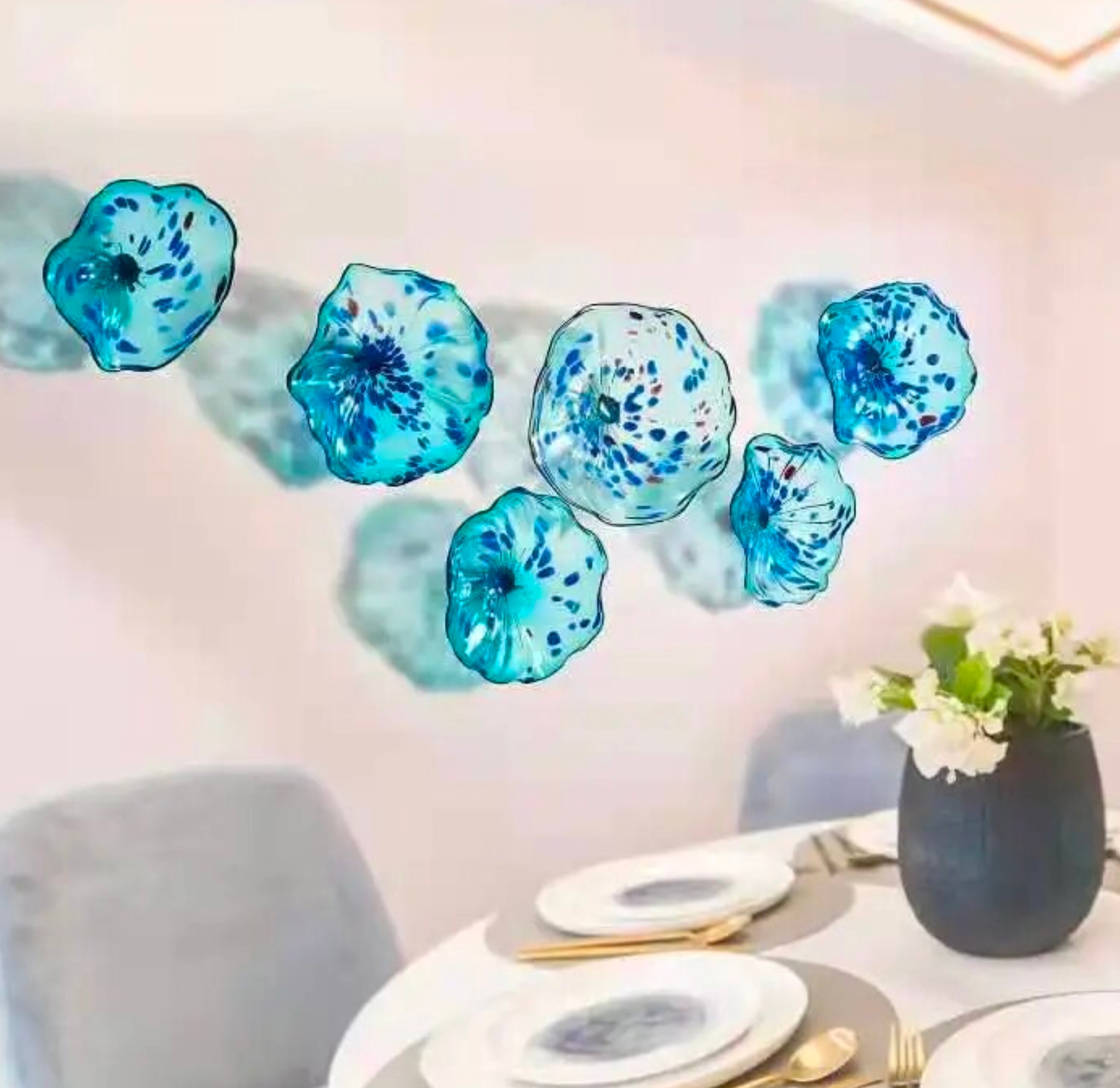 Blue Blown Glass Wall Sconces Lights , Wall Mounted Floral Sconces for ...