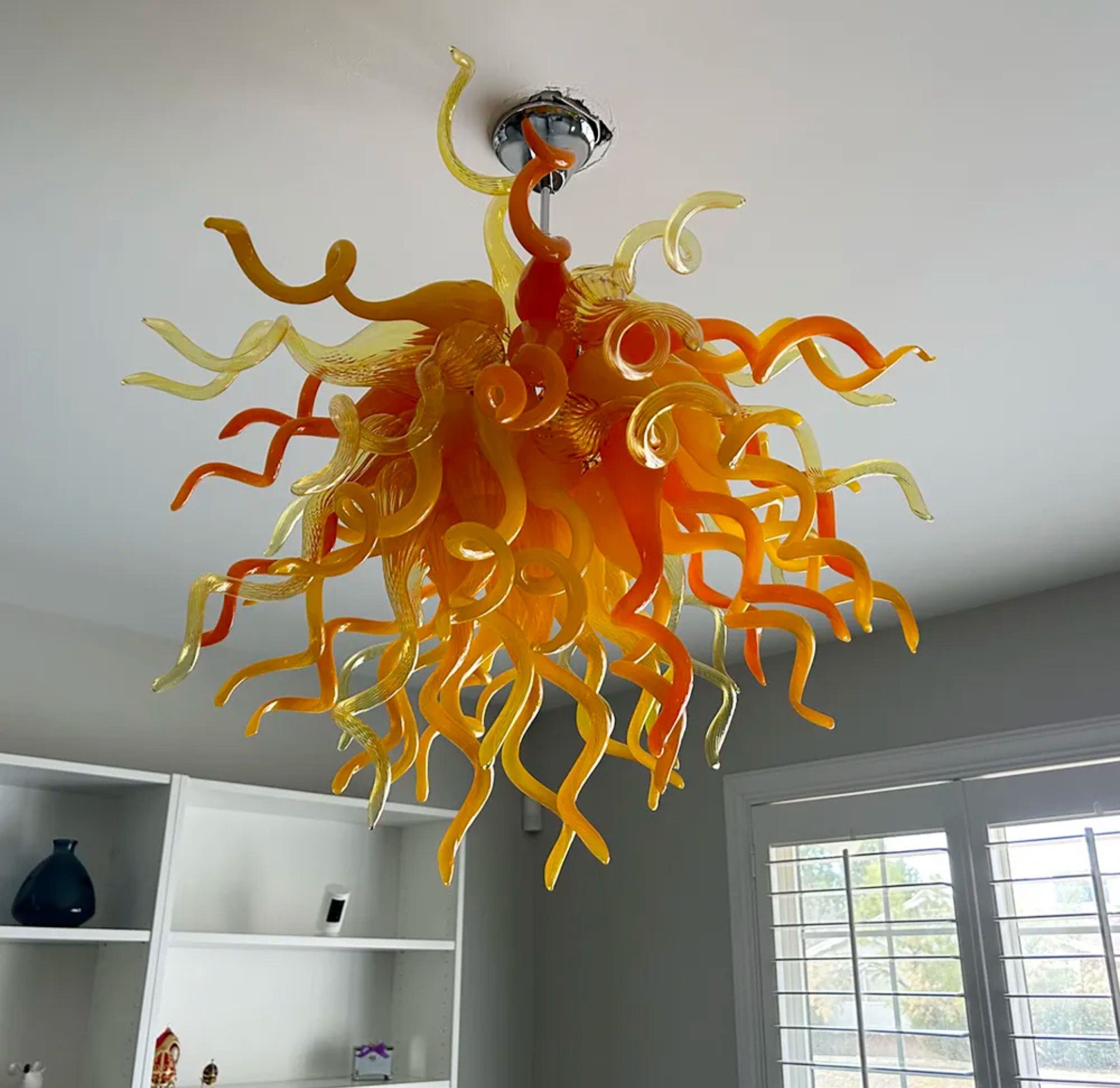 Luxury Handblown Glass Chandelier, Yellow and Orange Glass Lighting ...
