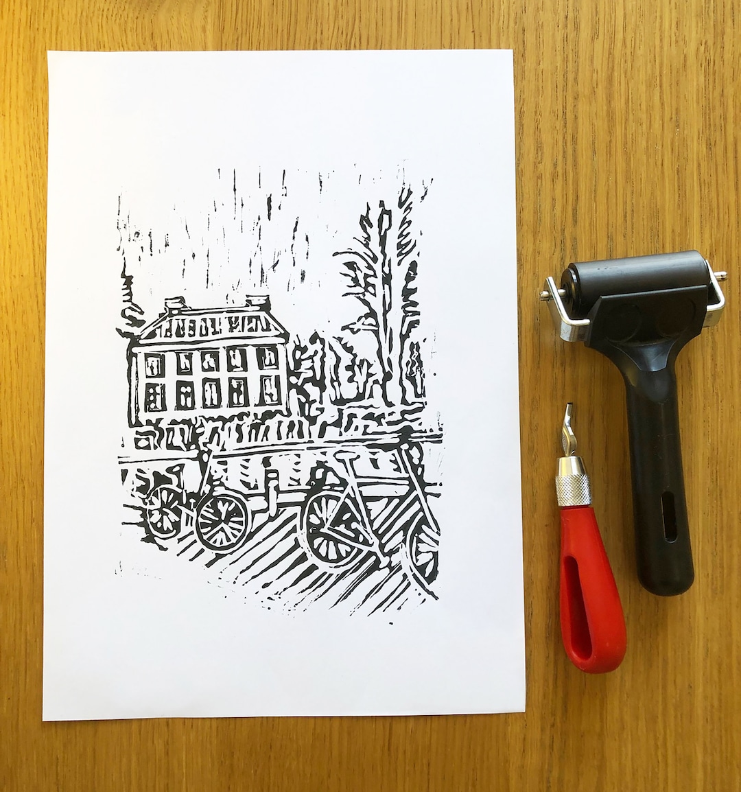 Linocut Print of Nederlandse Fietsen - Etsy