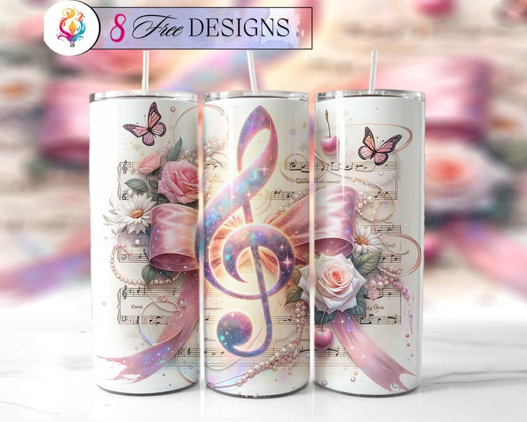 Butterfly and Pink Roses Music Notes Tumbler Wrap 20oz Skinny Treble ...