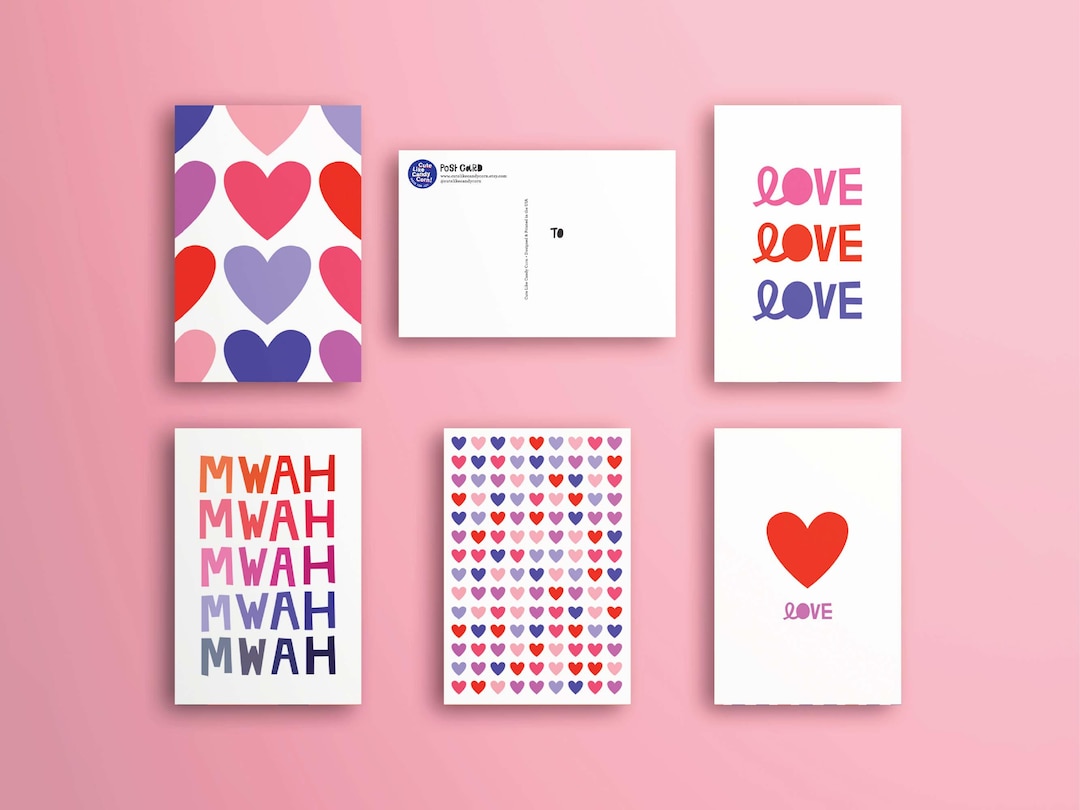 Valentines Day Cards – Love Postcard Set in Red & Purple | 5 Modern 4x6 ...