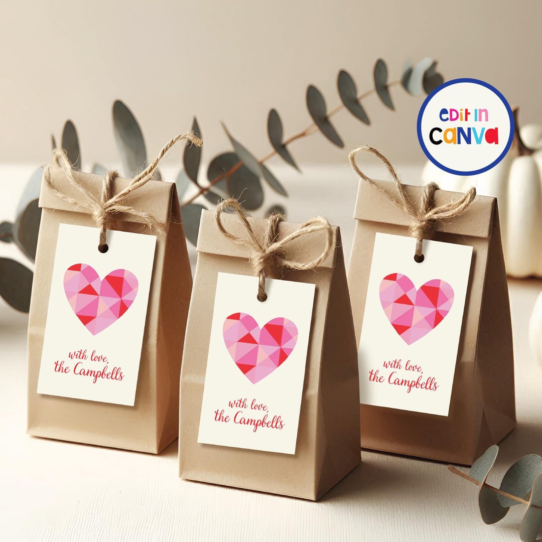 Geometric Pink Heart Editable Gift Tag – Printable Canva Template for ...