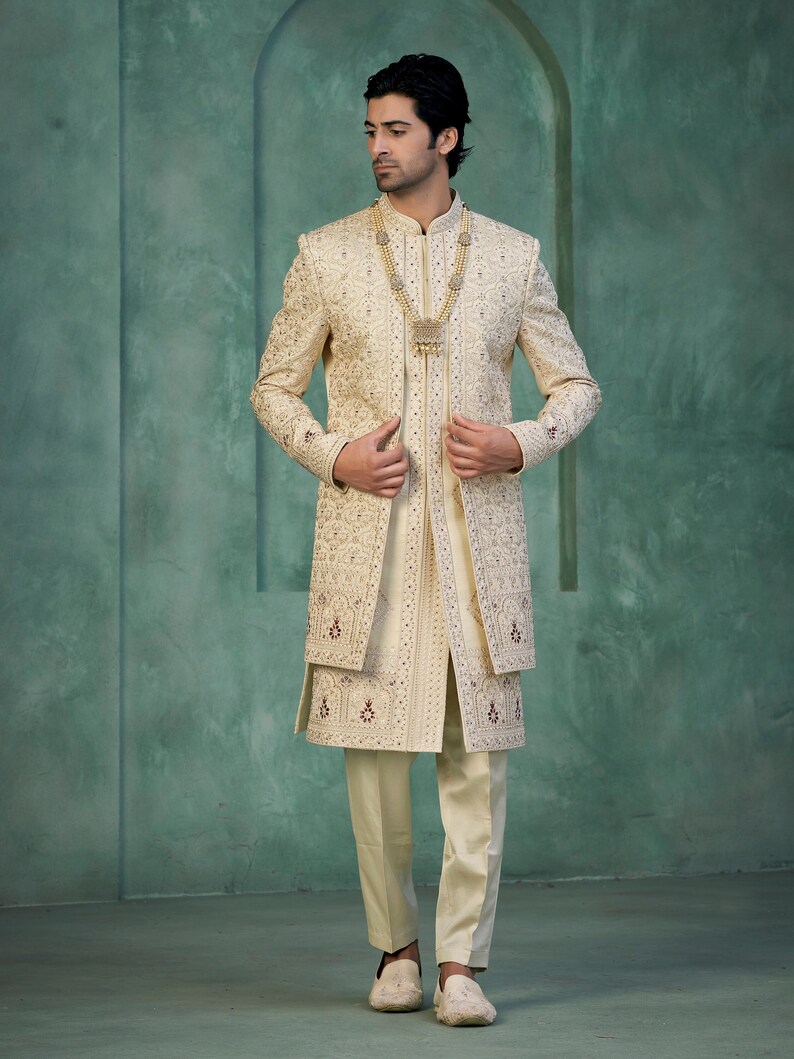 LAYERED BEIGE SHERWANI for Groom, Beige Sherwani, Indian Groom Dress ...