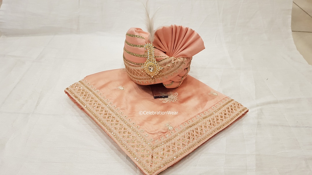 Peach Turban & Shawl Set, Sherwani Safa Shawl, Peach Stole Safa Combo ...