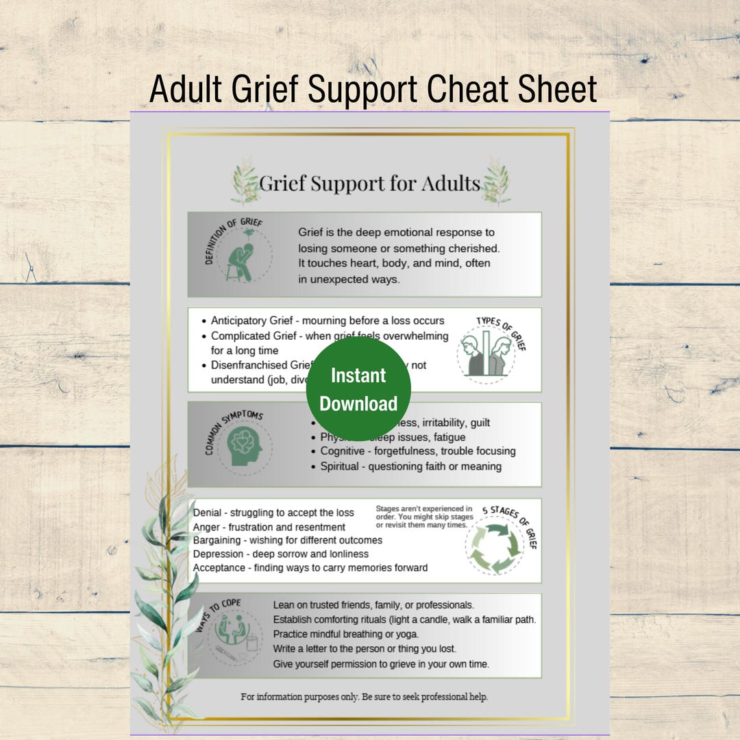 Adult Grief Support Instant Download Cheat Sheet Grief Loss Page for ...