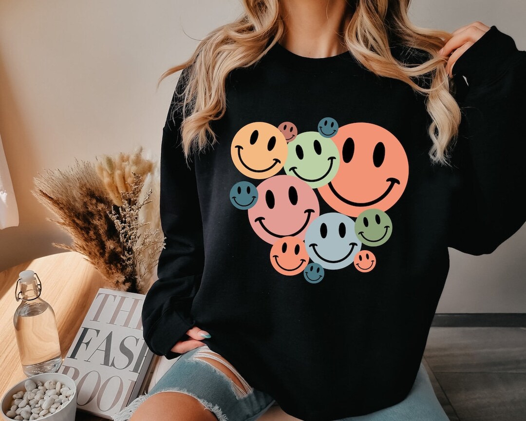 Retro Happy Face Sweatshirt, Trendy Positive Hoodie, Oversized Hoodie ...