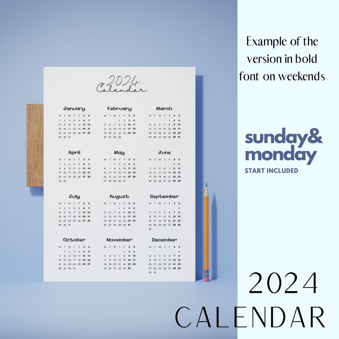 2024 Yearly Calendar Printable Year at a Glance Calendar, All Months on ...