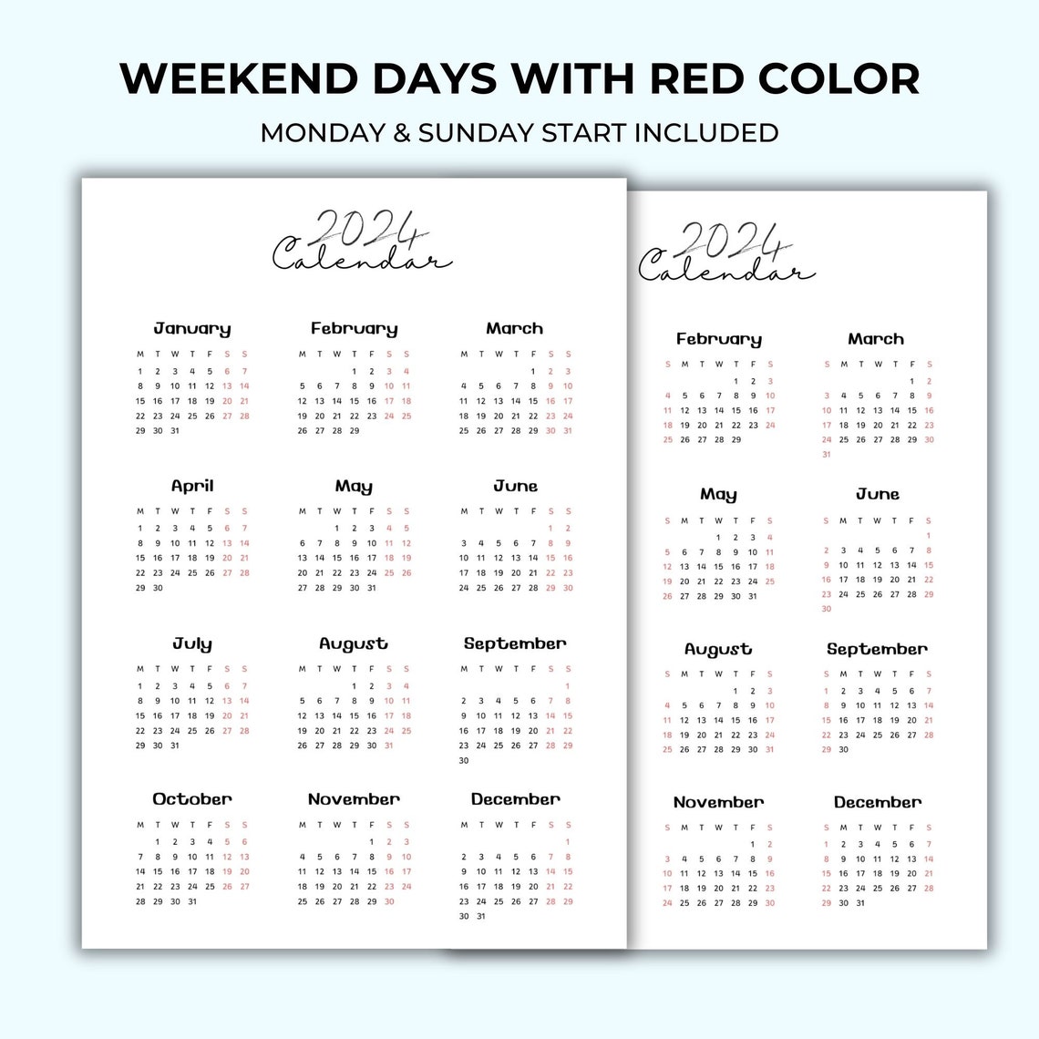 2024 Yearly Calendar Printable Year at a Glance Calendar, All Months on ...