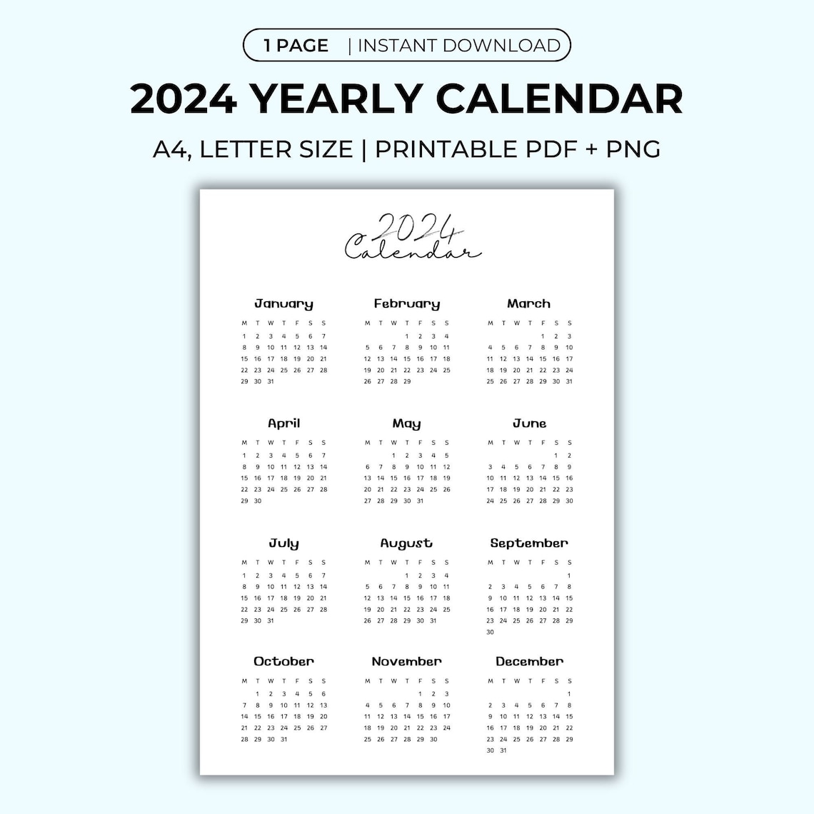 2024 Yearly Calendar Printable Year at a Glance Calendar, All Months on ...