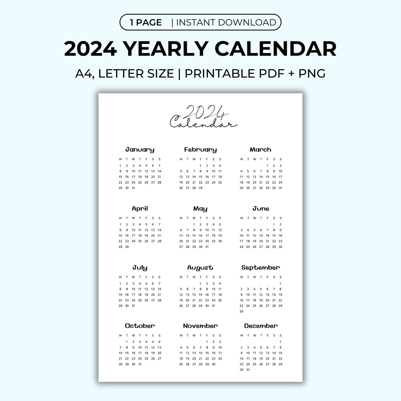 2024 Yearly Calendar Printable Year at a Glance Calendar, All Months on ...