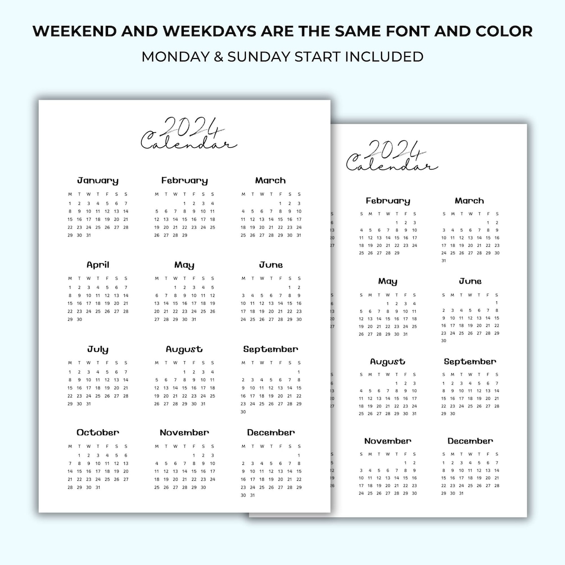 2024 Yearly Calendar Printable Year at a Glance Calendar, All Months on ...