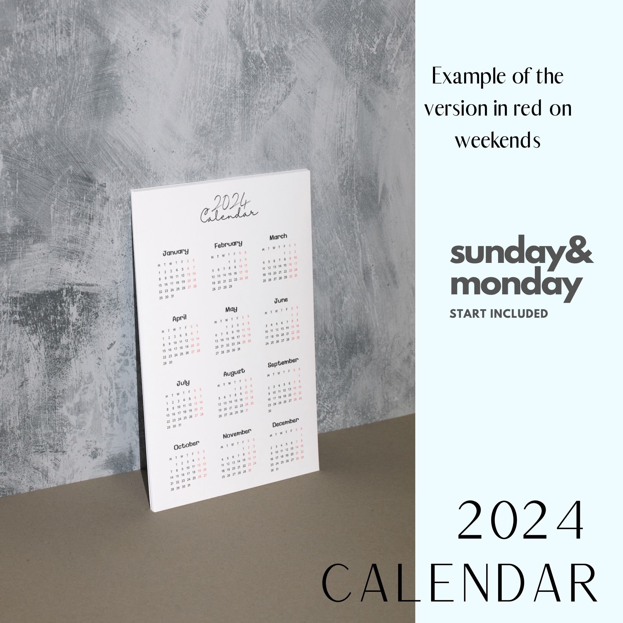 2024 Yearly Calendar Printable Year at a Glance Calendar, All Months on ...