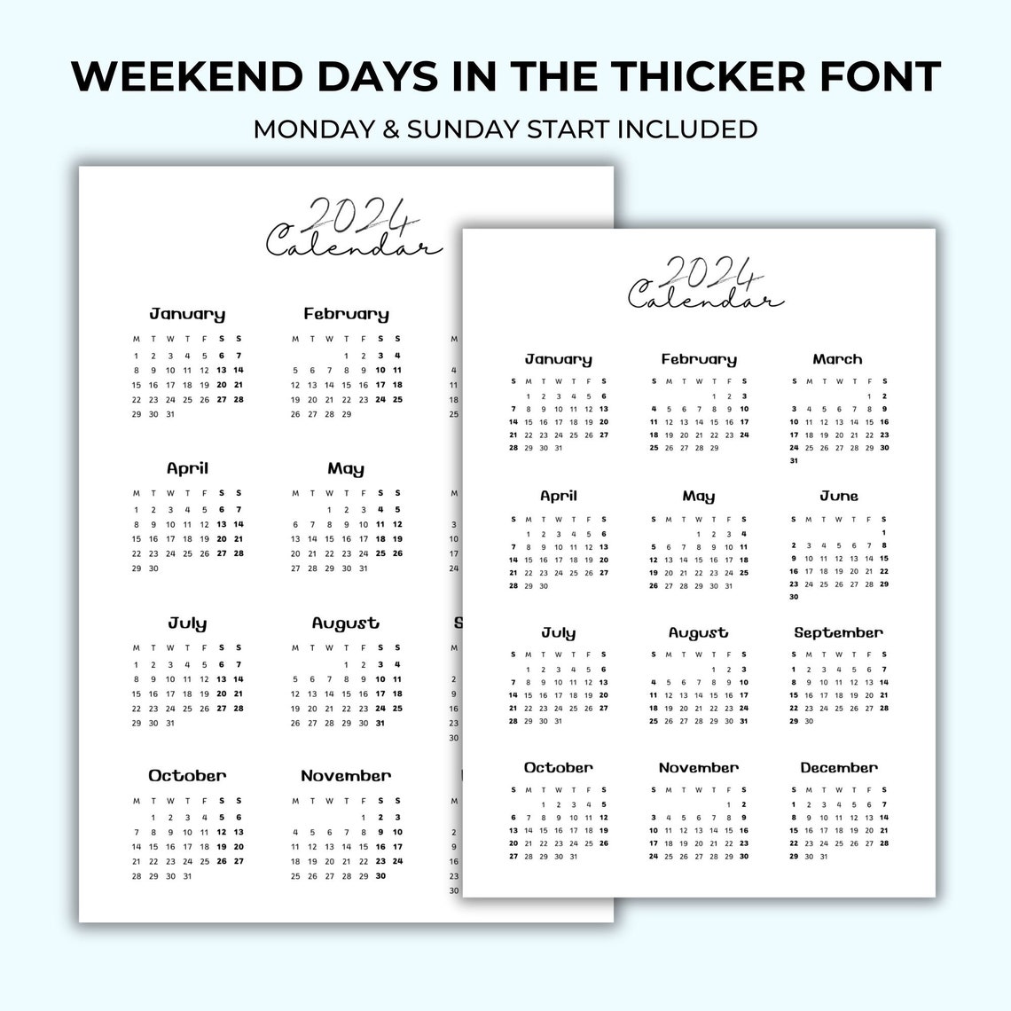 2024 Yearly Calendar Printable Year at a Glance Calendar, All Months on ...