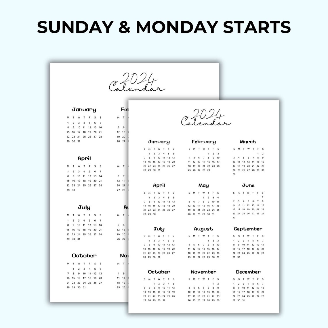 2024 Yearly Calendar Printable Year at a Glance Calendar, All Months on ...