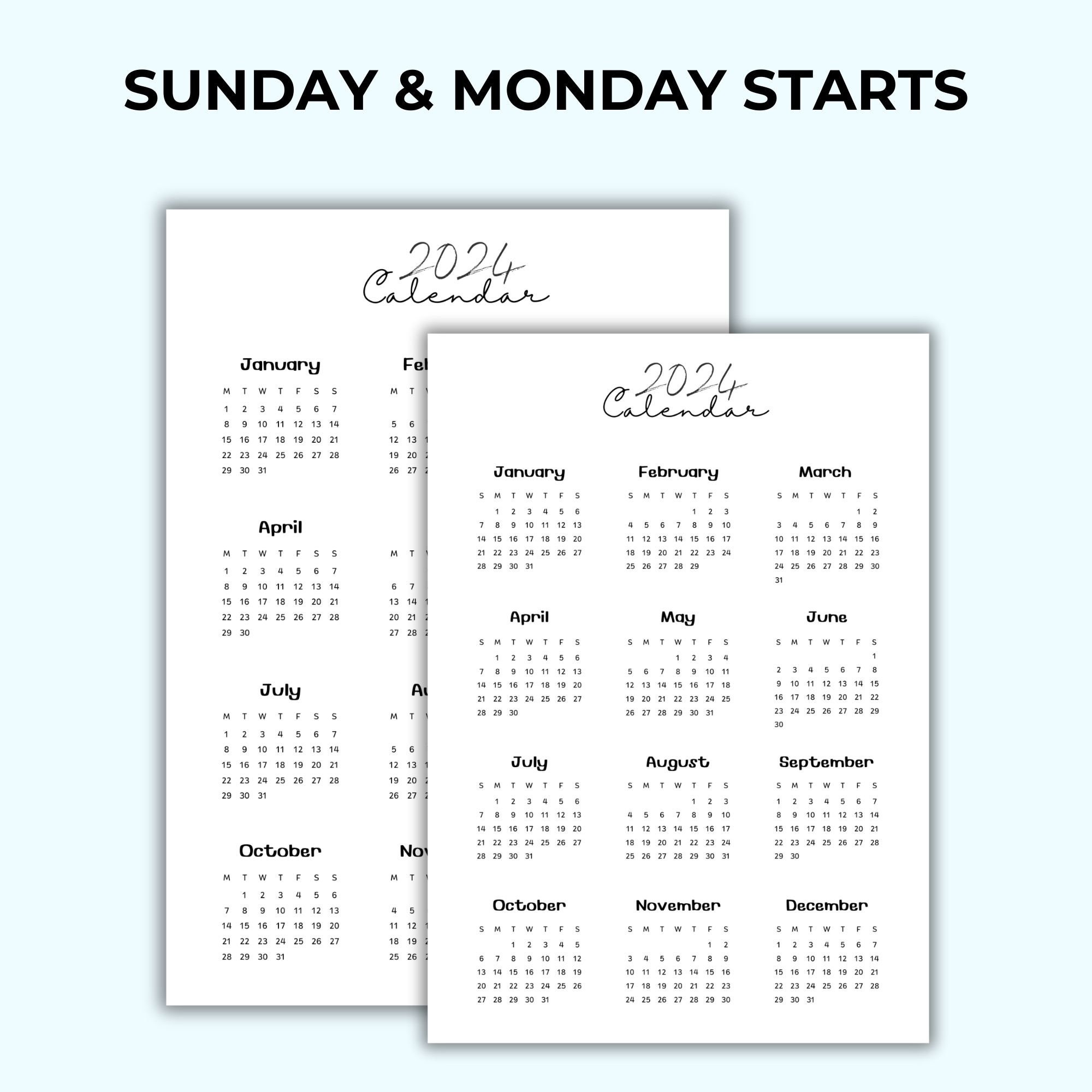 2024 Yearly Calendar Printable - Year at a Glance Calendar, All Months ...