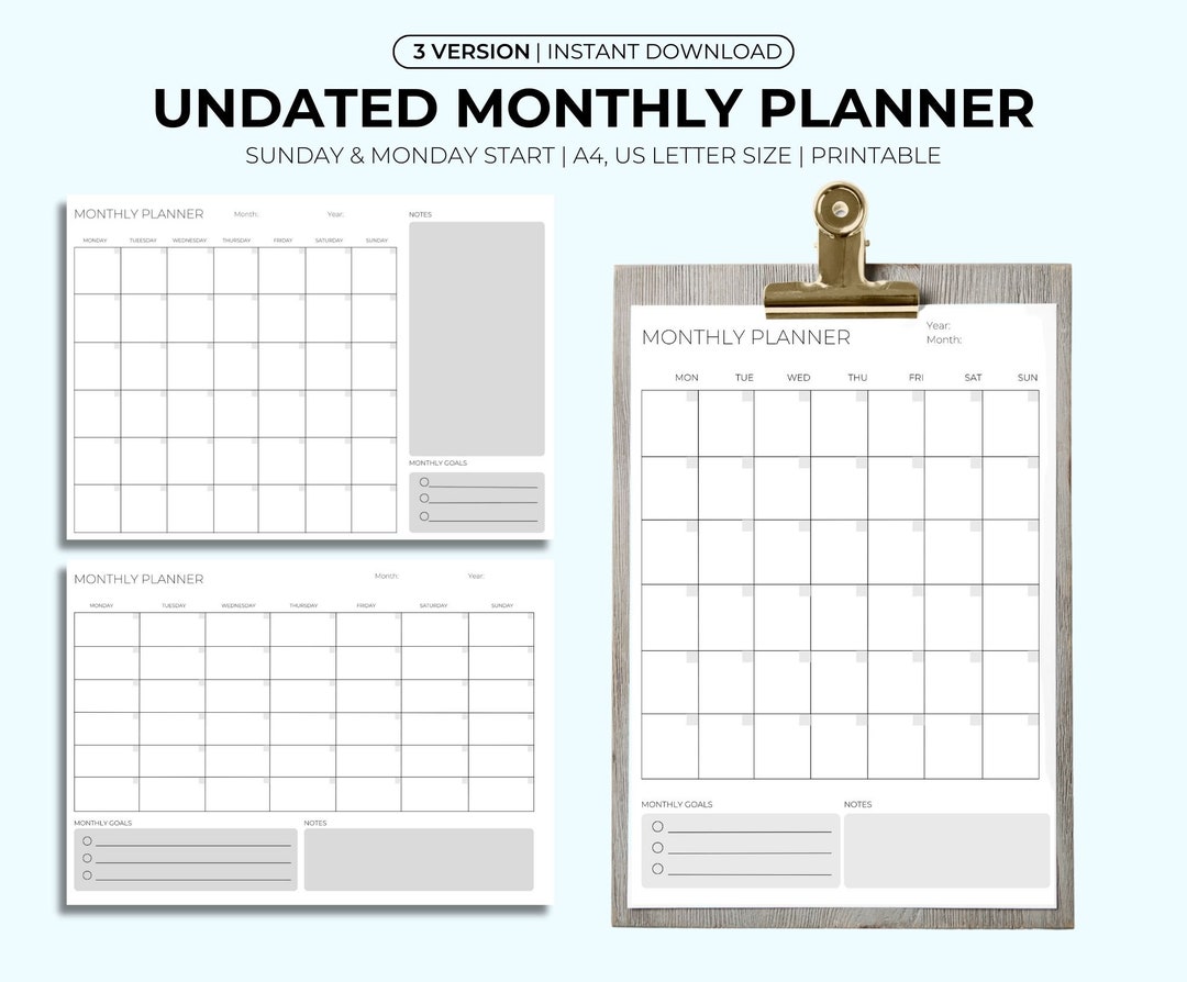Blank Monthly Calendar With Notes Section, Undated Planner Printable ...