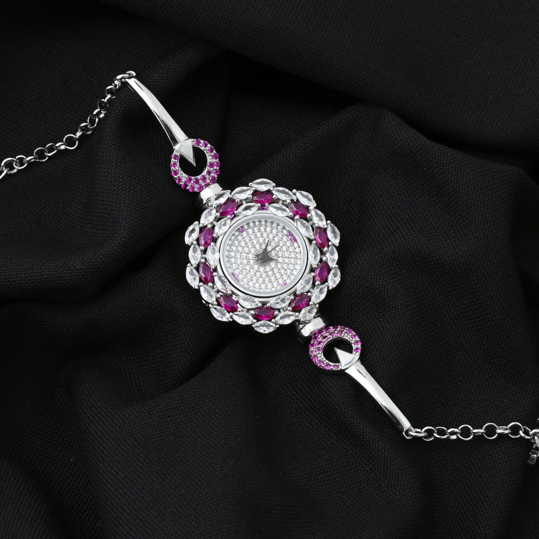 Vintage Solid Sterling Silver Quartz Wrist Watch, Pink Ruby Gemstone ...