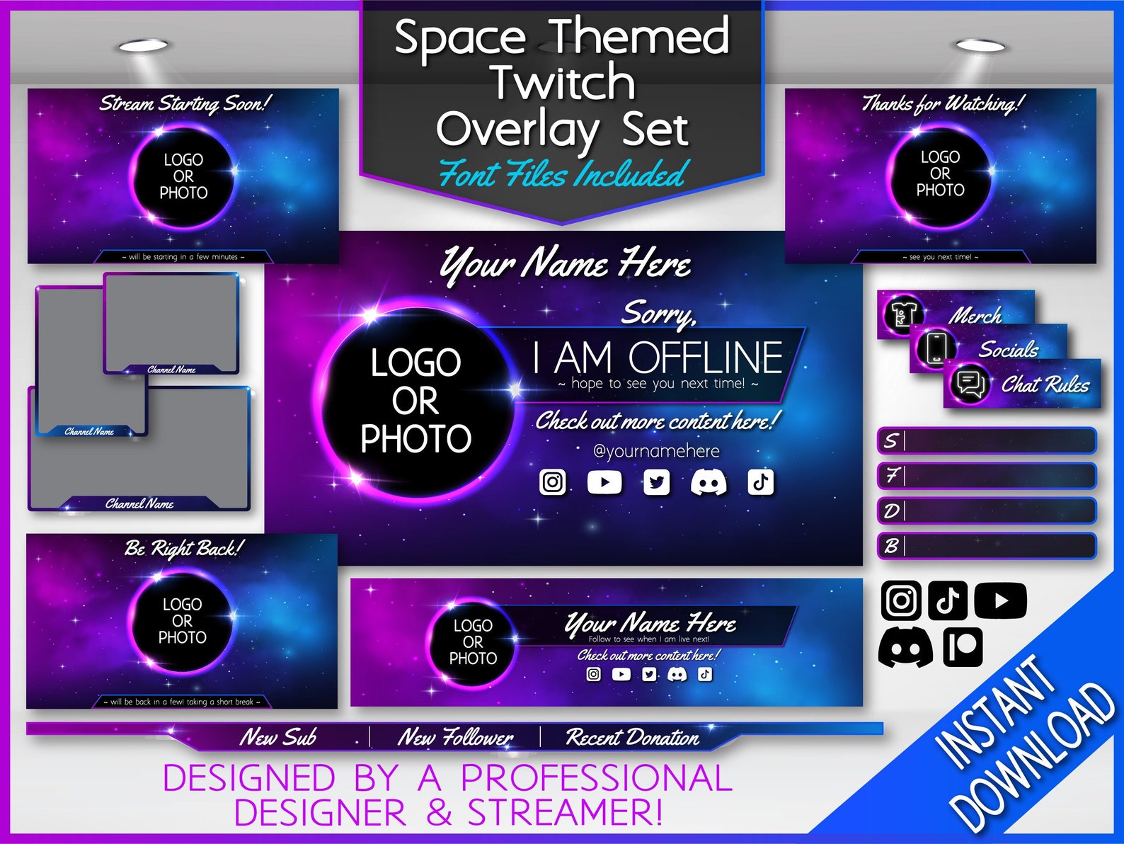 Celestial Space Blue Purple Themed Twitch Kick Overlay Stream Package ...