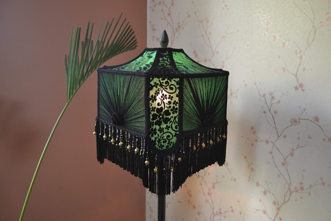 Green & Black Victorian Lampshade: Beaded Fringe, Hand-stitched Velvet ...