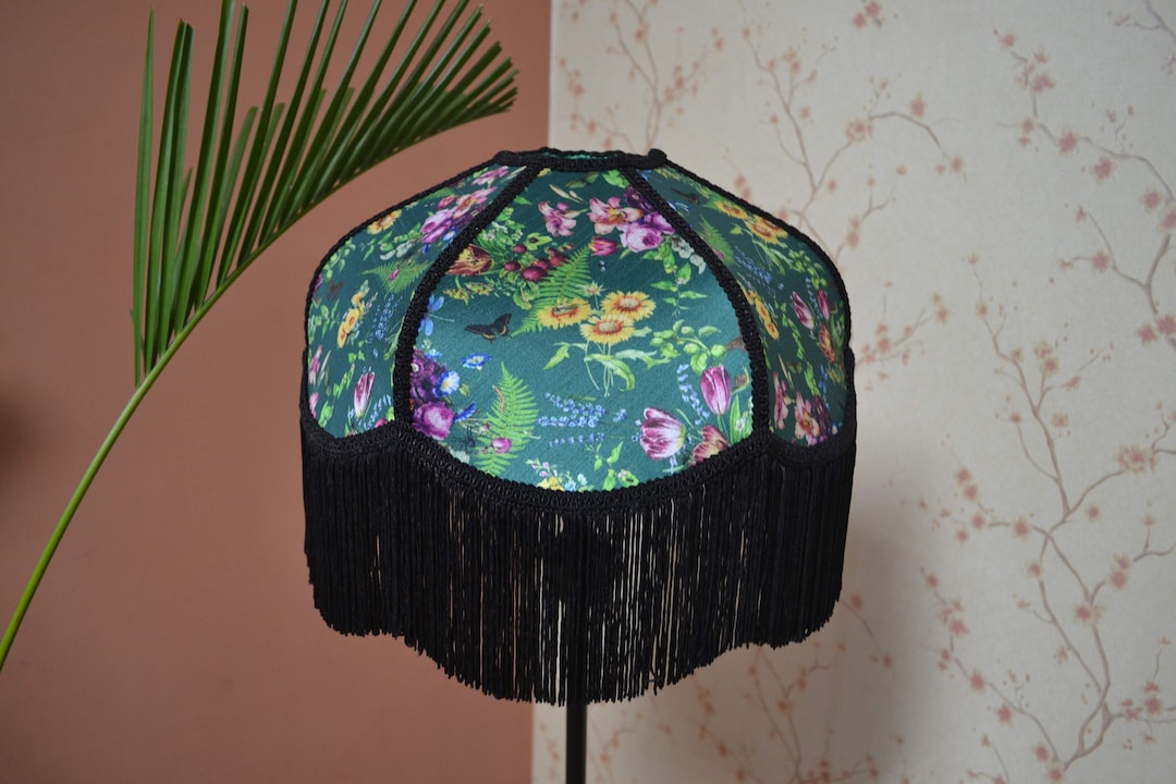 Hand-stitched Silk Lampshade: Green Secret Garden Print With Black ...