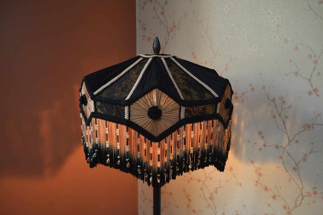Black Gothic Lampshade With Peach Gathering & Beaded Fringe - Etsy