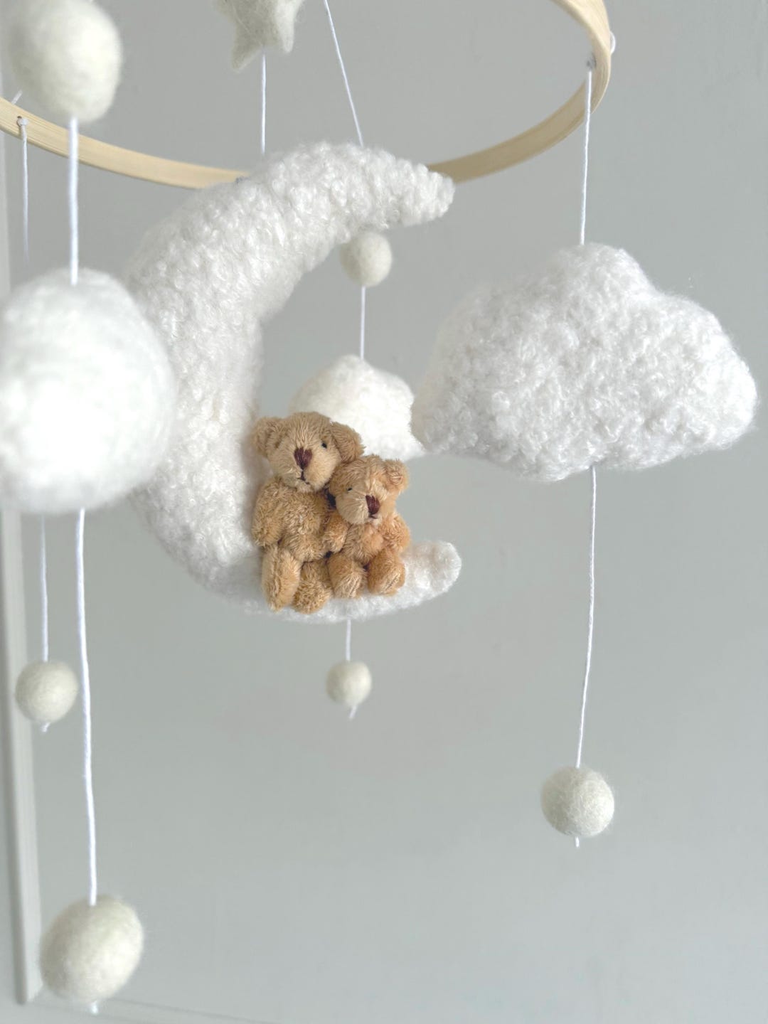 Teddy Bear Cot Mobile: White Boucle Clouds and Moon, Gender Neutral ...
