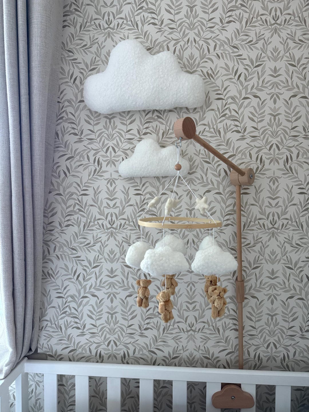 Teddy Bear Cot Mobile With White Boucle Clouds & Felt Stars, Neutral ...