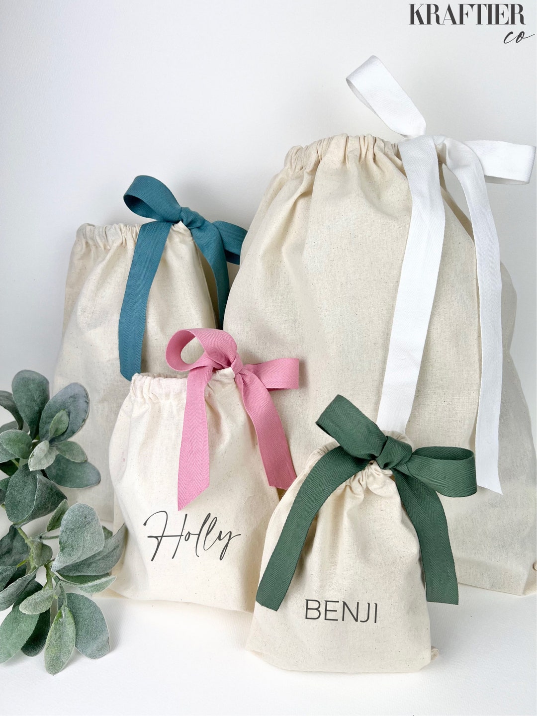 Personalised Gift Bags Luxury Cotton Drawstring Bags Choice of Ribbon ...