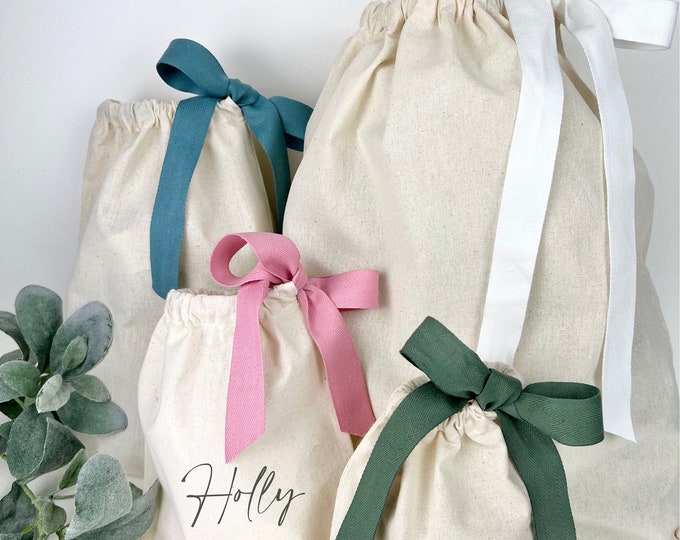 Personalised Gift Bags Luxury Cotton Drawstring Bags Choice of Ribbon ...