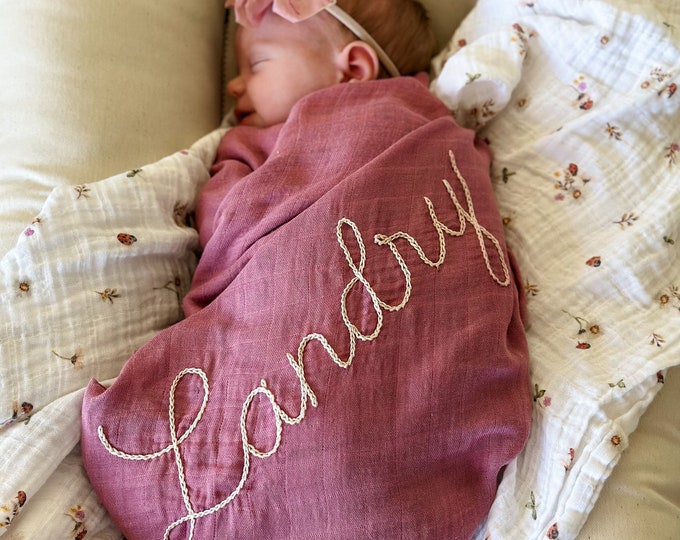 Personalized Hand Lettered Embroidered Baby Swaddle Receiving Blanket ...