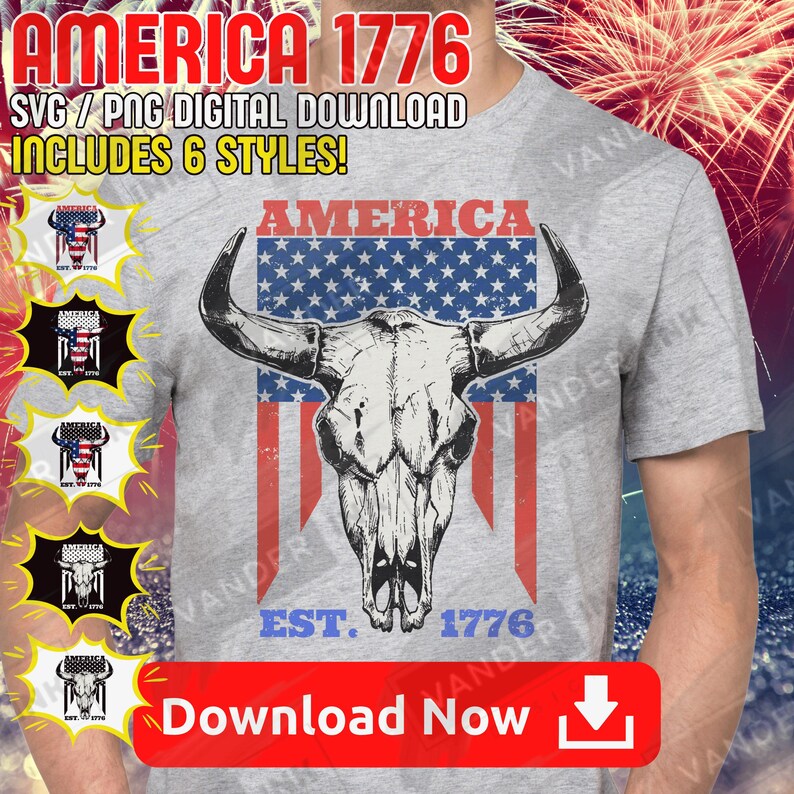 America Est 1776 Bull Skull SVG PNG Digital Download 4th of July 4 ...