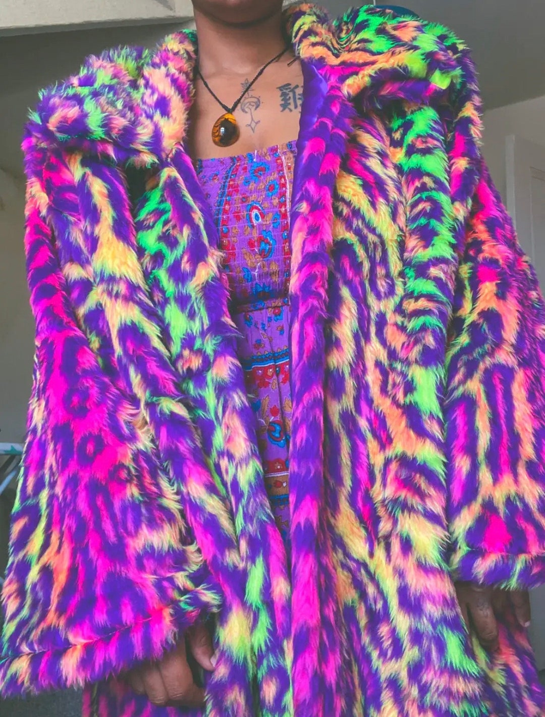 Rainbow Leopard Print Faux Fur Rave Festival Coat, Animal Print ...