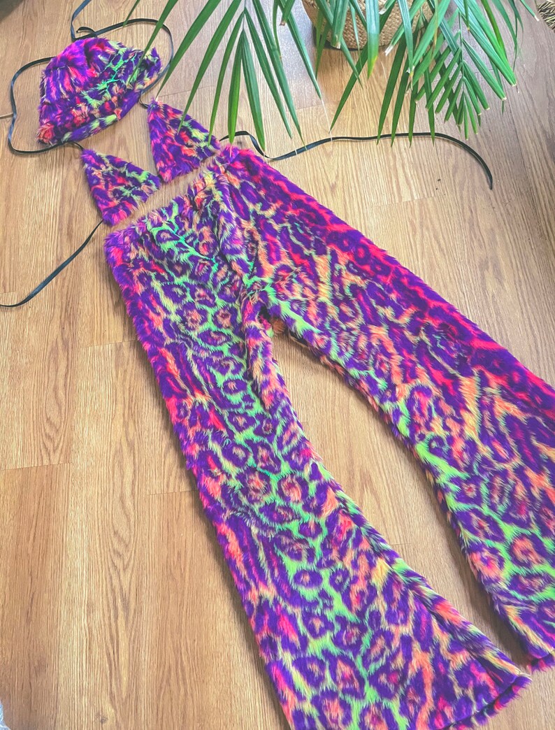 Rainbow Leopard Print 3 Piece Matching Festival Set , Fur Bucket Hat ...