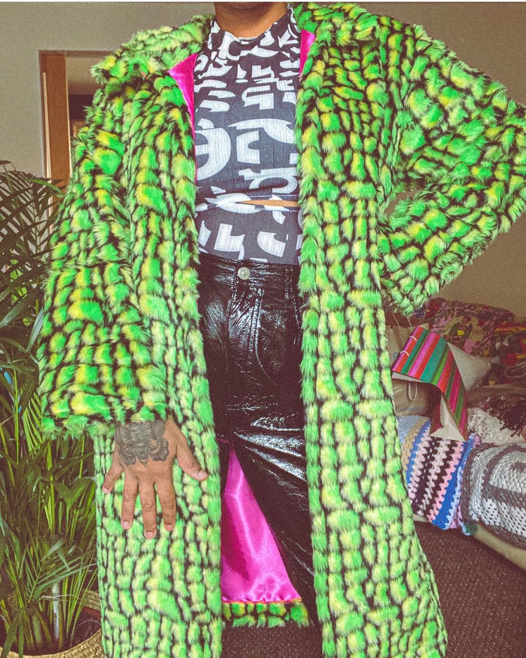 Green Croc Print Faux Fur Rave Festival Coat, Animal Print , Burningman ...