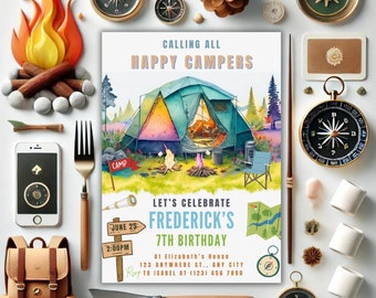Camping Birthday Invitation Template, Camping Party Invitation ...