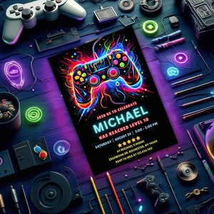 EDITABLE Video Game Party Invitation, Level up Birthday Invite, Blue ...