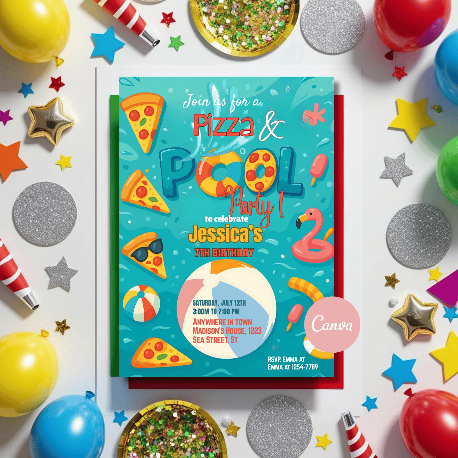 Pizza Pool Party Invitation, Editable Birthday Invite (digital Download ...