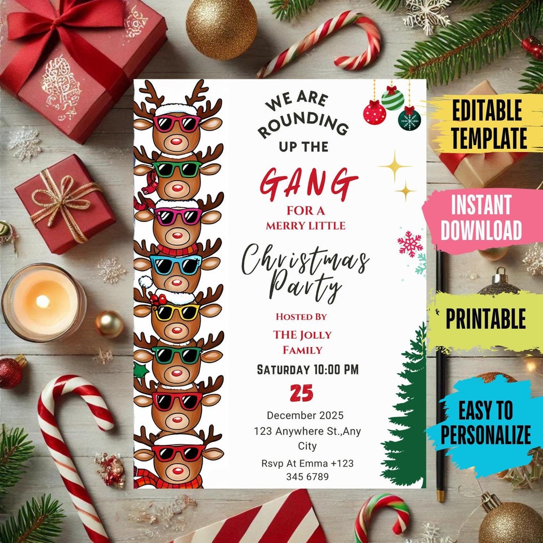 Editable Reindeer Christmas Party Invitation, We're Rounding up the ...