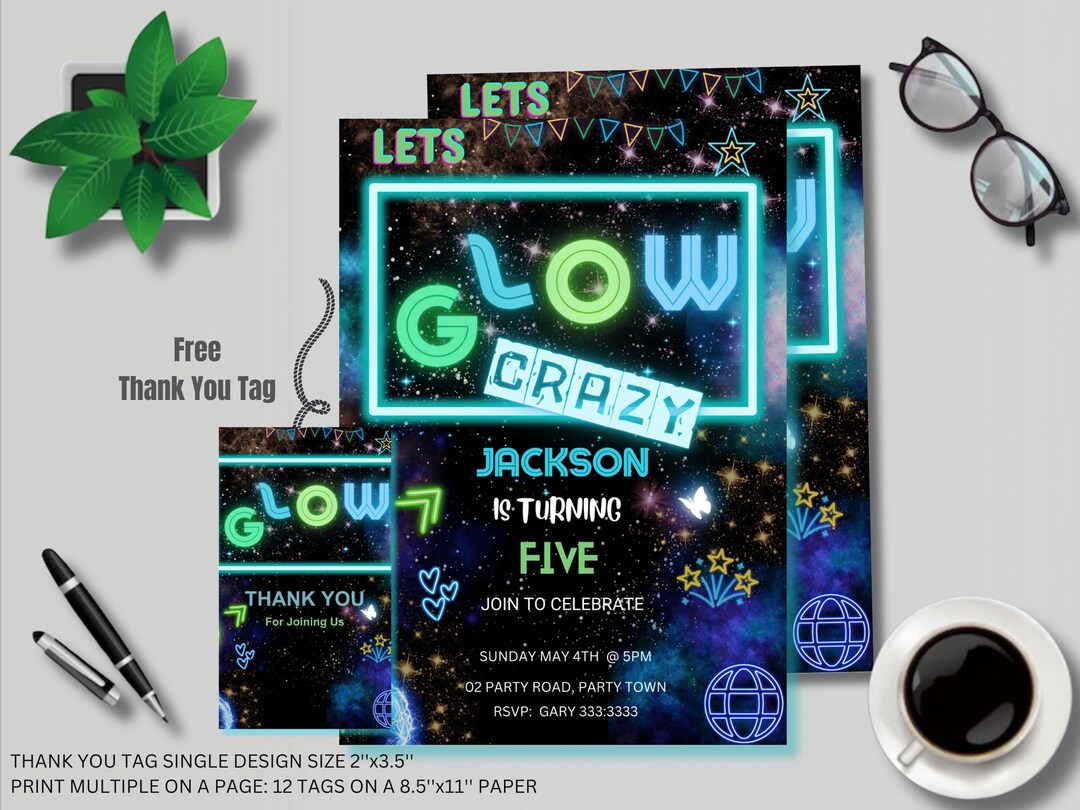EDITABLE Glow Birthday Invitation Boys Glow Invitation Neon Glow ...