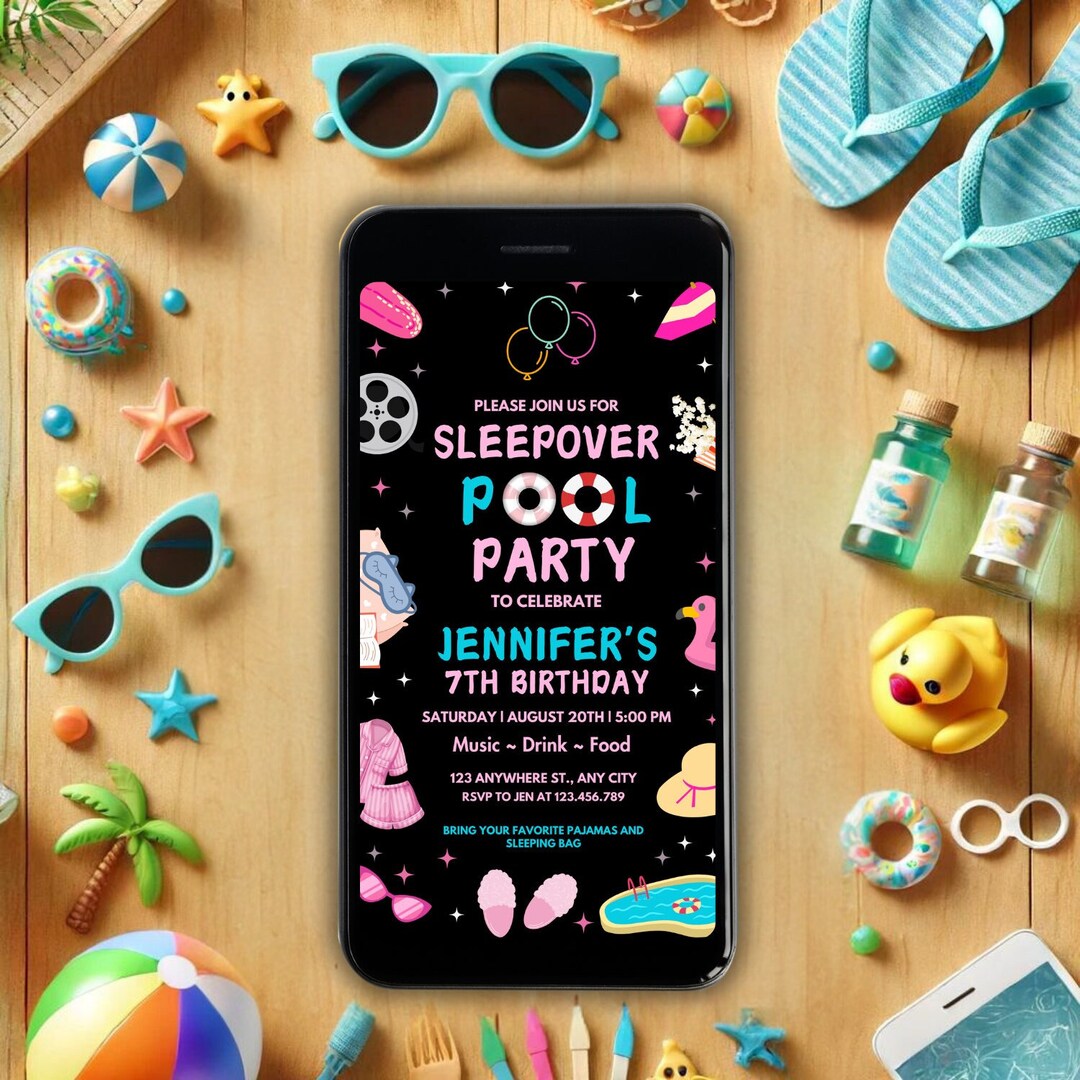 EDITABLE Sleepover Pool Party Mobile Invitation, Pool Party Template ...
