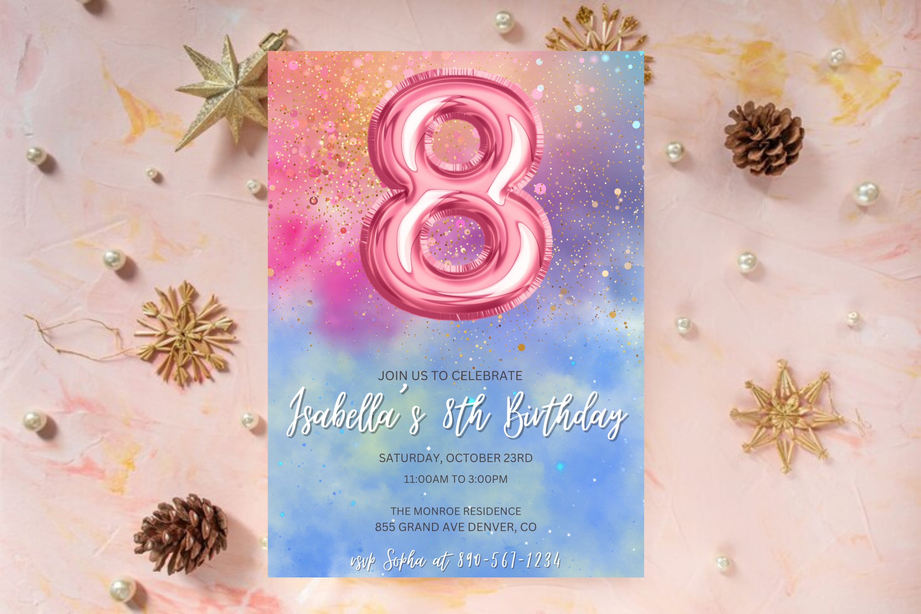 Editable 8th Birthday Invitation Template Rainbow Glitter Birthday ...