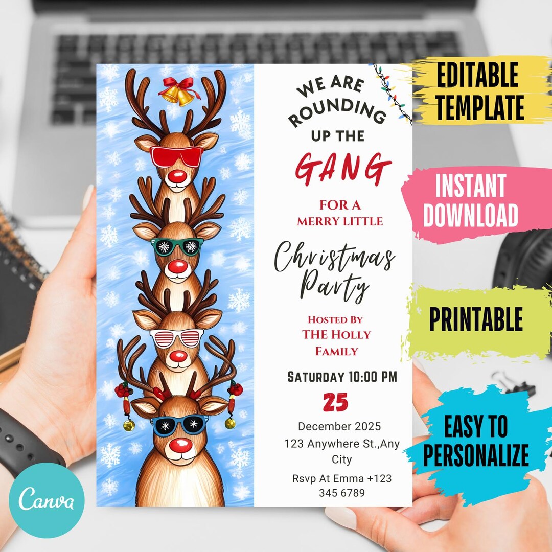 Editable Cute Reindeer Christmas Party Invitation, Rounding up the Gang ...