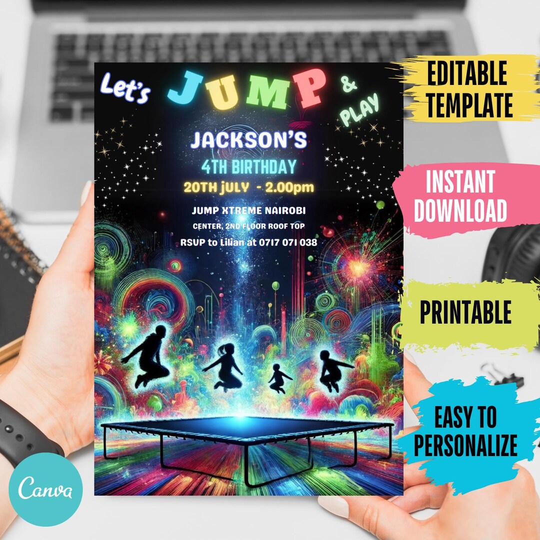 Editable Jump Birthday Party Invitation, Glow Trampoline Party Neutral ...